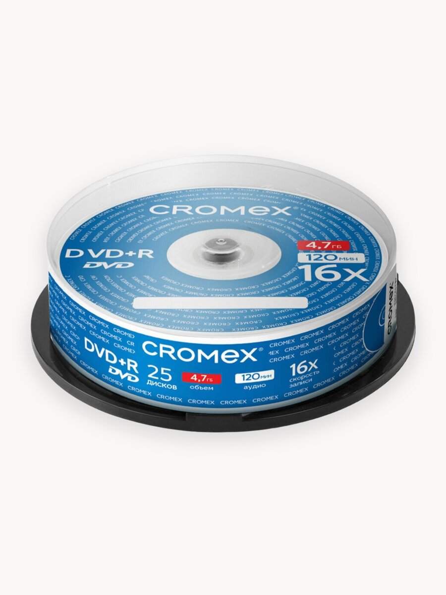 DVD диск, набор DVD+R 25 штук, 4,7 гб, скорость 16x, упаковка на шпиле, Cromex (Кромекс), 513777