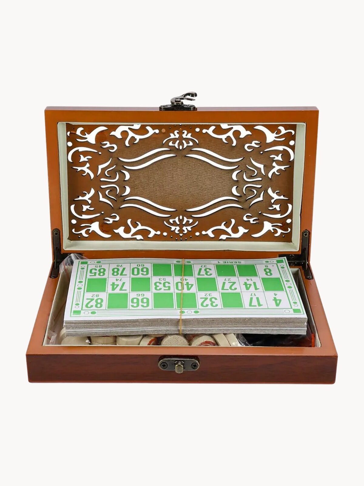 Русское лото "Кружево" (деревянные бочонки - 90 шт) в деревянной коробке 20.5х12.5х4 см