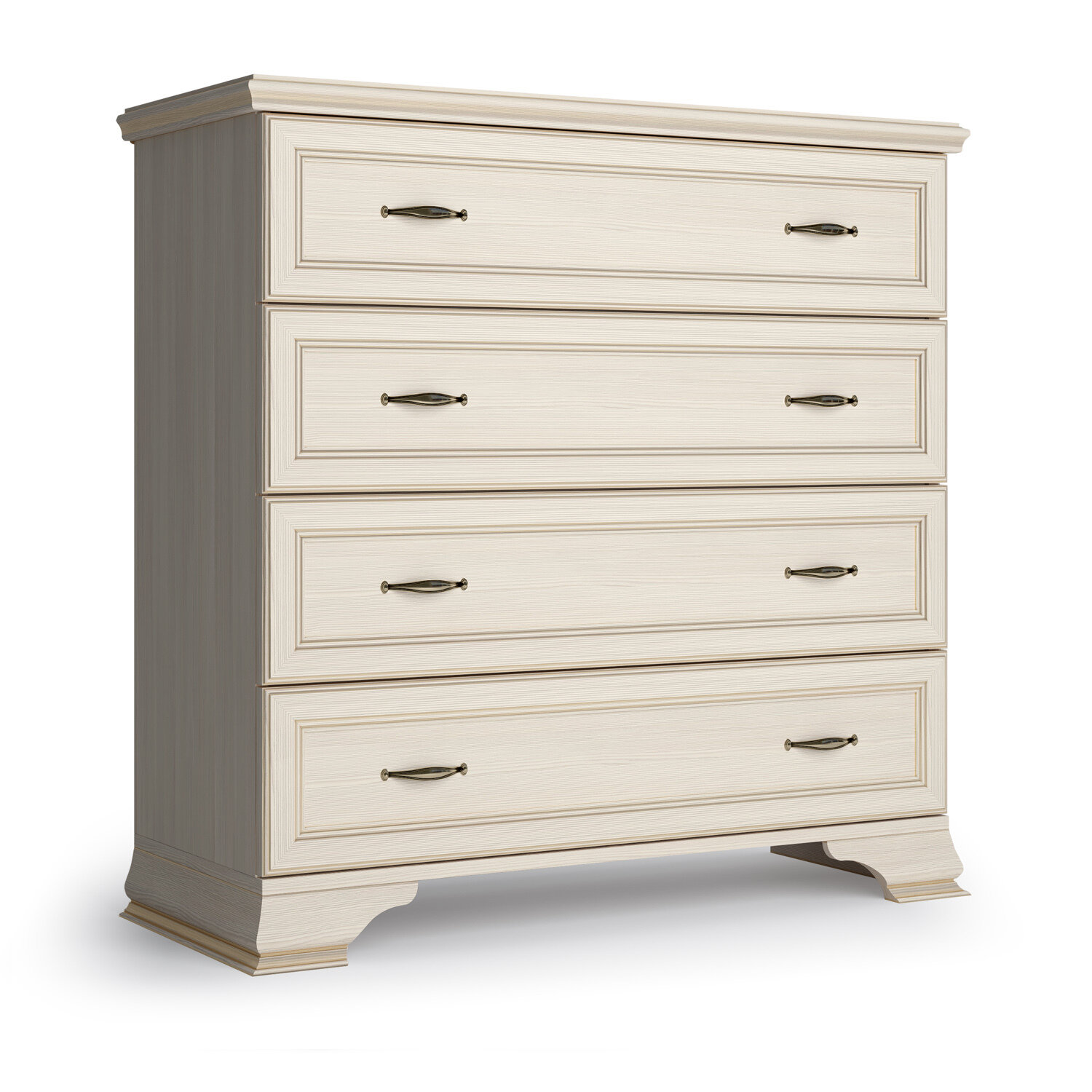 Комод Кураж "Сиена", 4 ящика, белый, цвет патины золото, 95x38,3x92,6 см