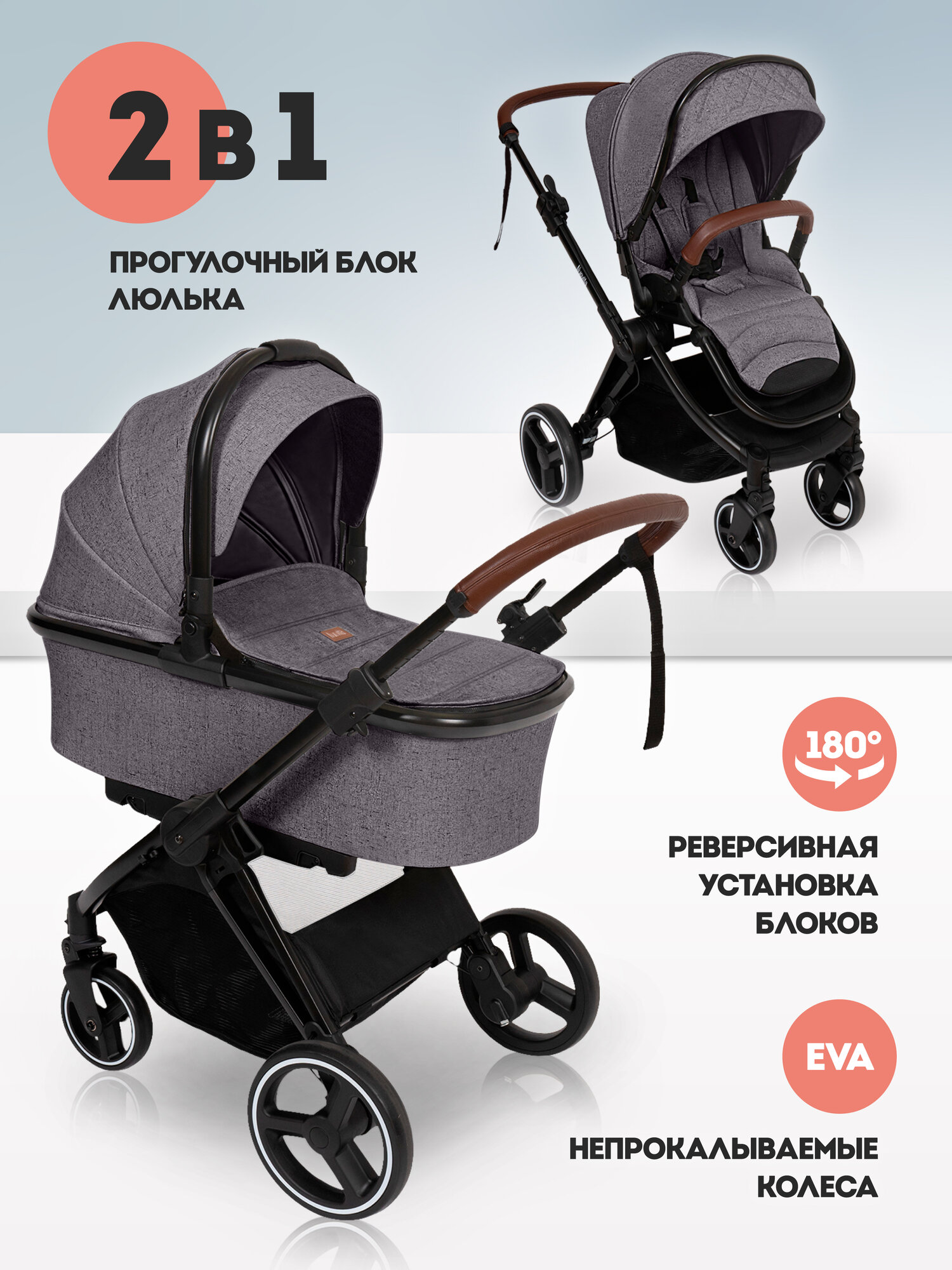 Прогулочная коляска Nuovita "Edel", 2 в 1, серая, универсальная, всесезонная