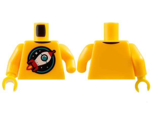 Torso Red and White Retro Space Rocket in Black and Dark Turquoise Circle with Stars Pattern / Bright Light Orange Arm Left with Congenital Defect, without Hand Hole / Bright Light Orange Arm Right / Yellow Hand Right, 973pb5922c01 Bright Light Orange N