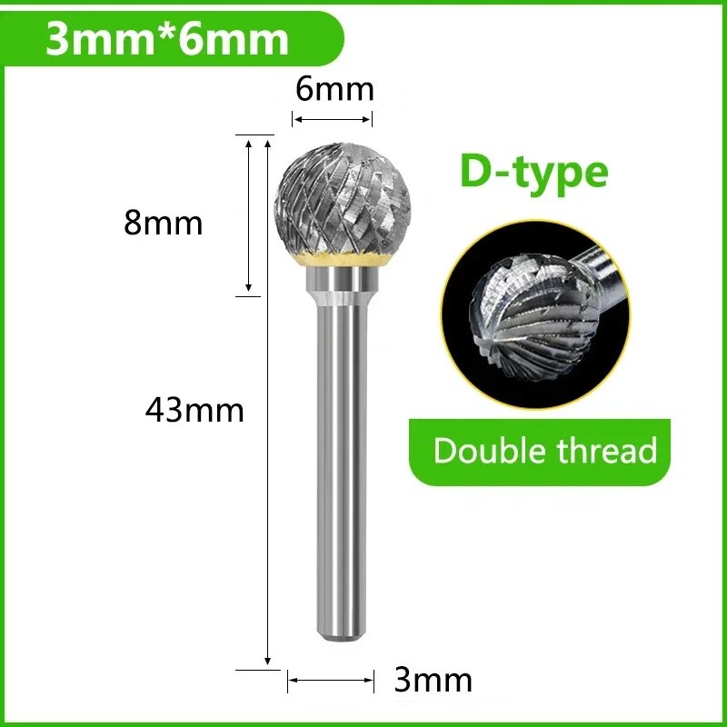 Борфрезы из карбида вольфрама, 6 мм, вращающиеся твердосплавные биты, 2,35/3 мм, фреза с хвостовиком для сверления древесины, резьбы по металлу, гравировки, полировки D-3x6mm(Double)