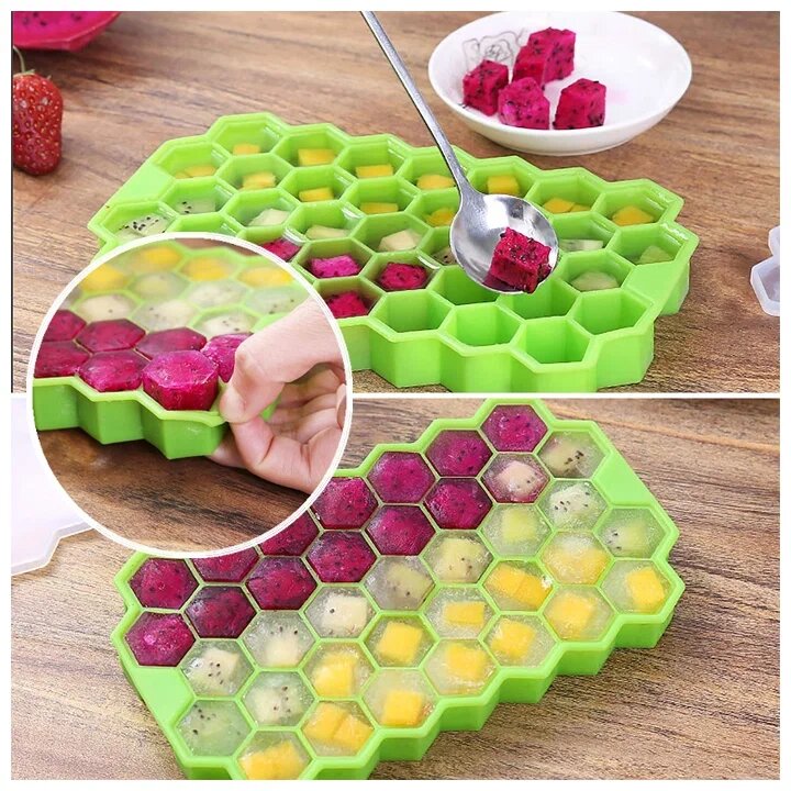 Силиконовая форма для льда в виде сот. Контейнер с крышкой, зеленый цвет
