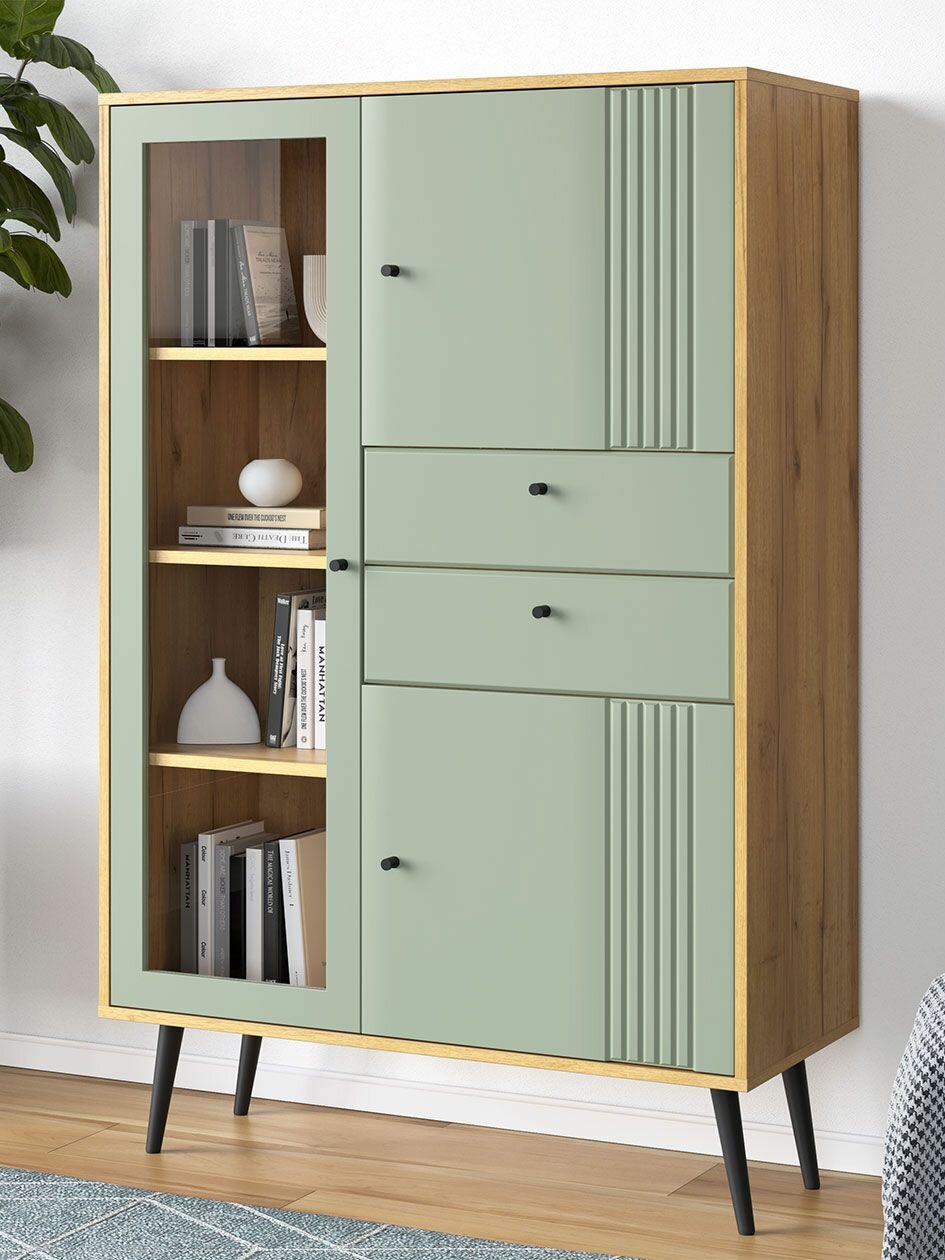 Шкаф-витрина Вега Саксония, с полками, с ящиками, с доводчиками, 93.4х40х144 см, Дуб Крафт золотой / Серо-зеленый