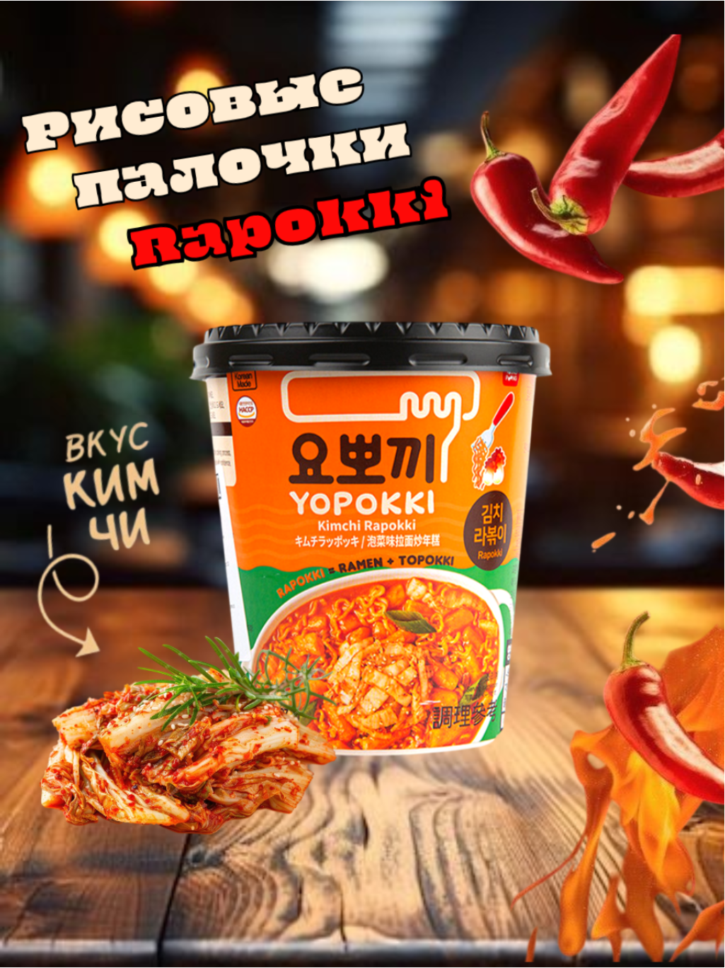 Рисовые палочки Yopokki Рапокки со вкусом кимчи 145 г, Южная Корея