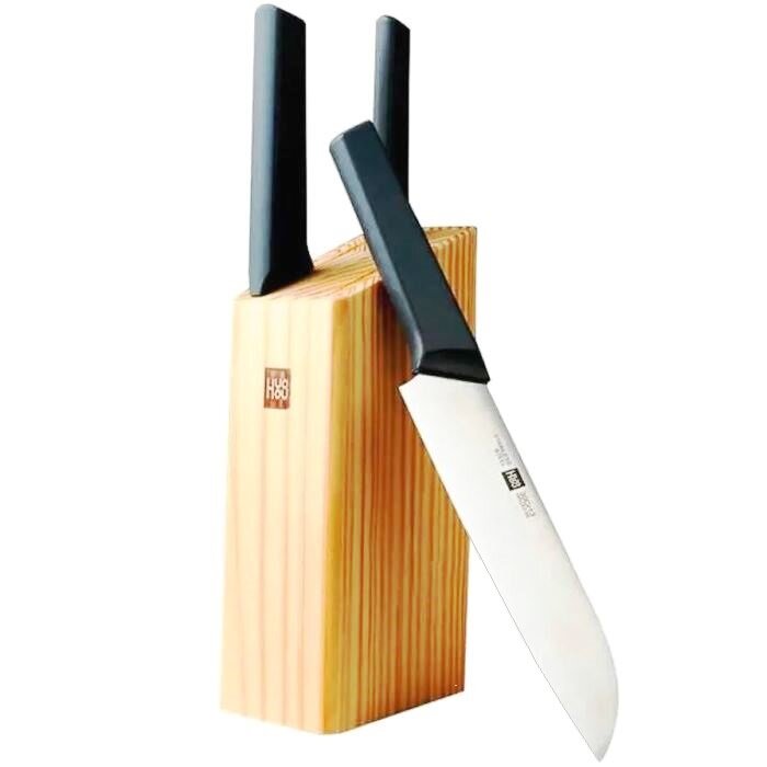 Набор стальных ножей HUOHOU HU0059 Black 4-Piece Kitchen Knife Set Lite RUS, 3 ножа + деревянная подставка из сосны