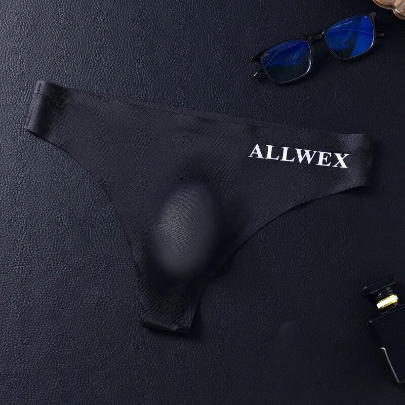Бесшовные стринги из ледяного шелка, мужские сексуальные выпуклые трусы, нижнее белье, мягкие трусики, дышащие трусы, прозрачное нижнее белье, стринги с низкой посадкой Черный, XL, Black