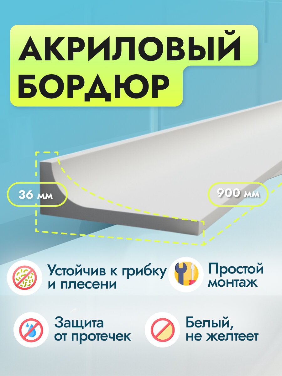 Акриловый бордюр для ванной Г36 длина 900 мм, ширина 3.6 см плинтус для ванны