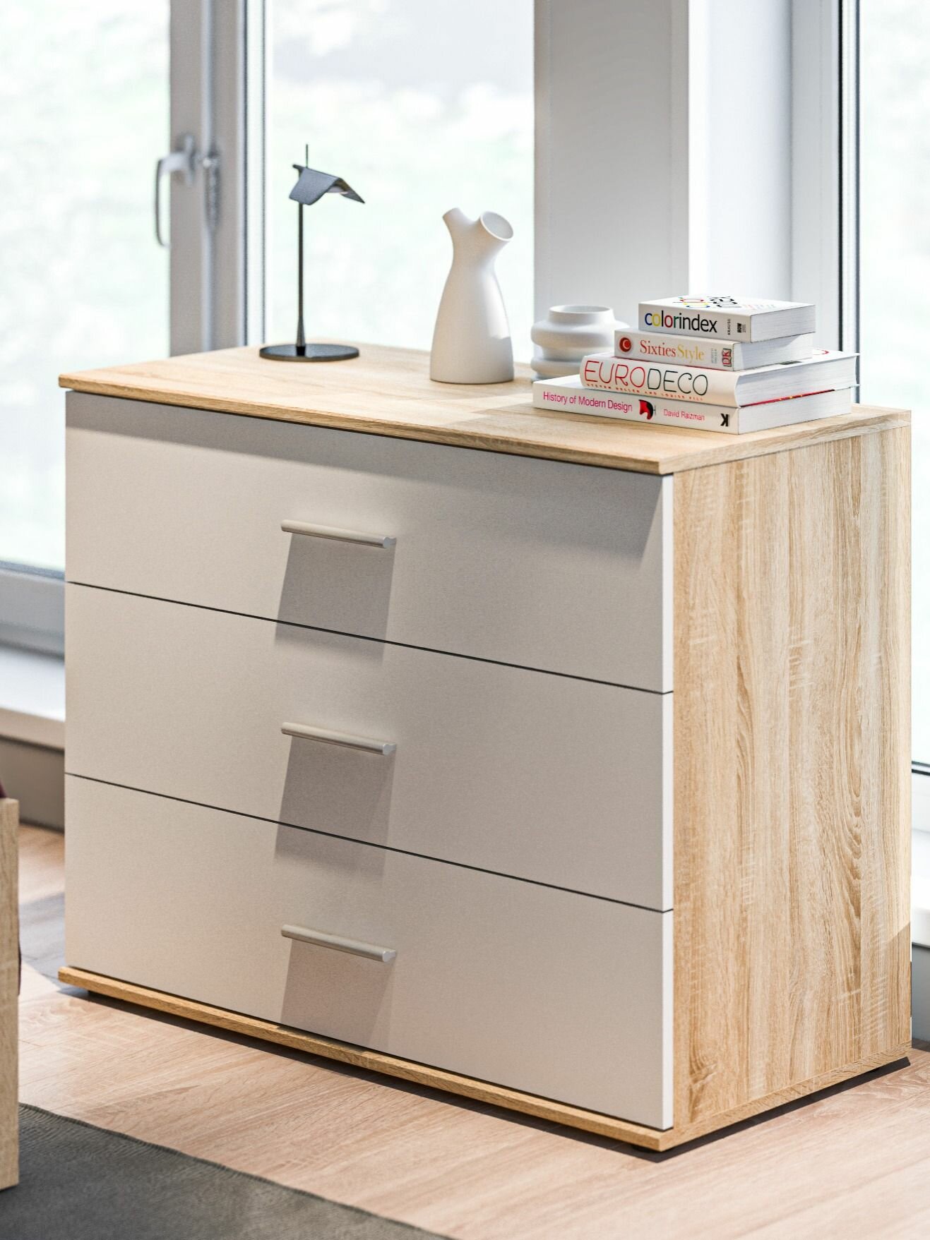 Комод столплит Мамбо СБ-2540/1. Н напольный с тремя ящиками для хранения, кдсп Дуб Сонома/Белый, 88*71*44 см.