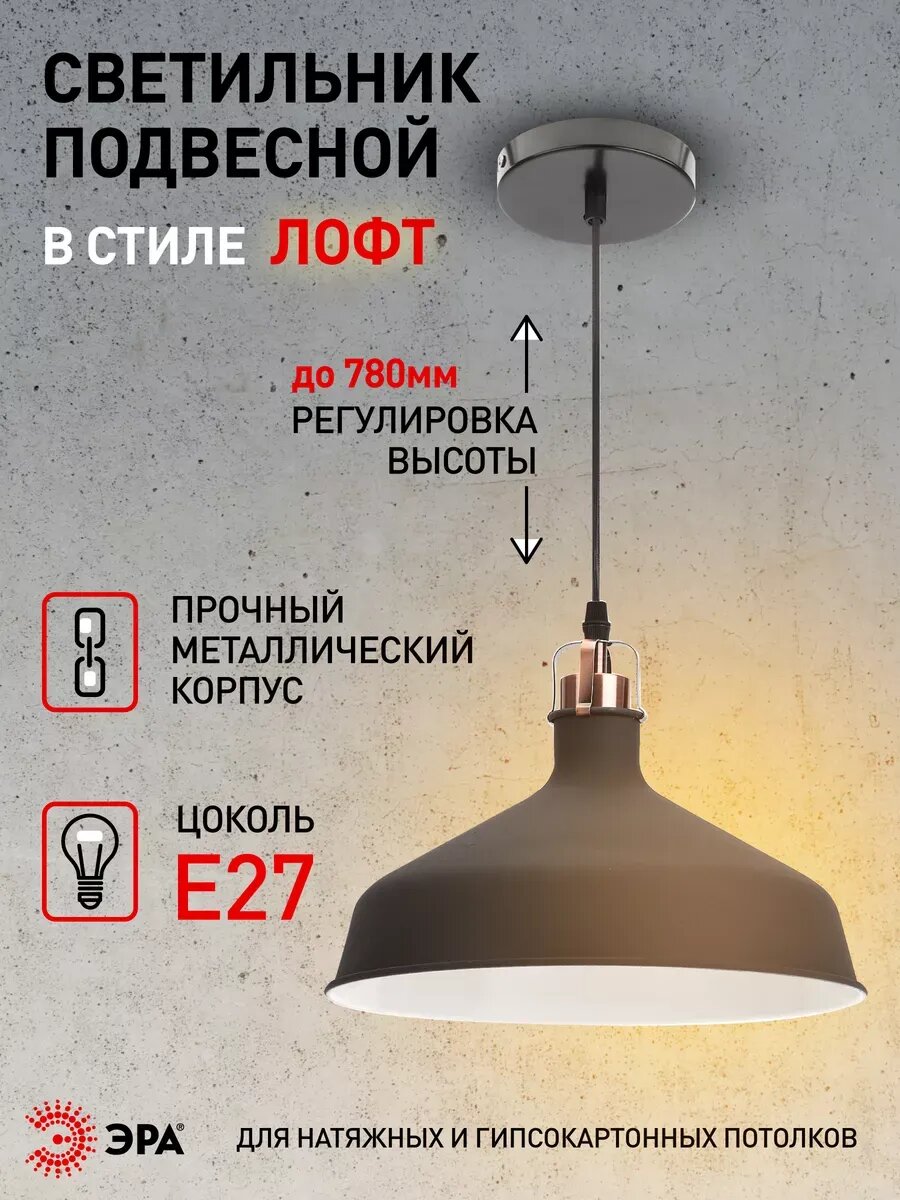 Светильник потолочный подвесной ЭРА PL2 BK/RC, модерн, металл, E27, max 60W, d300 мм, черная