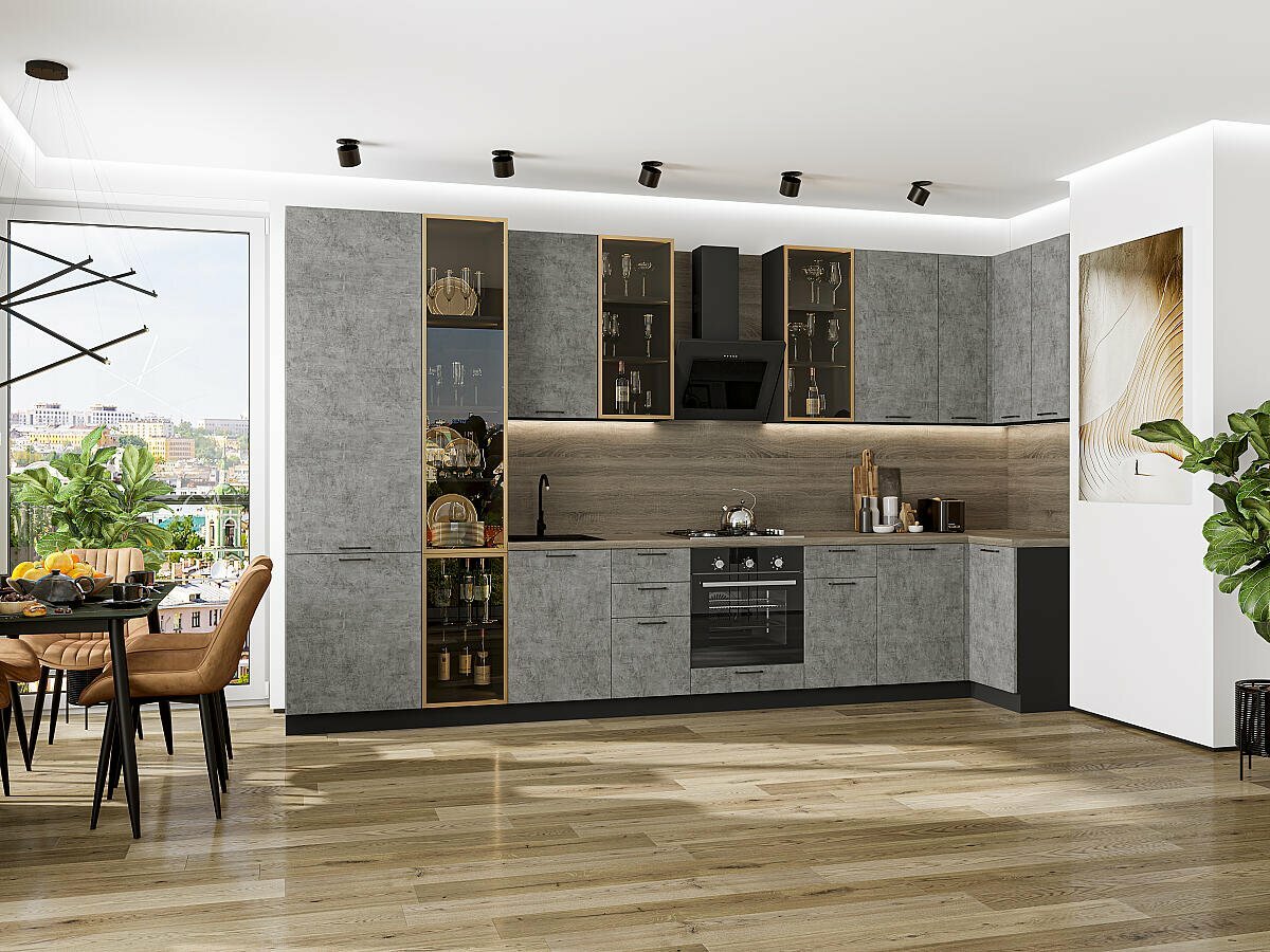 Кухня Флэт-05, цвет фасада Temple Stone 2S, цвет каркаса Graphite, 2340*4000/1000*600 мм