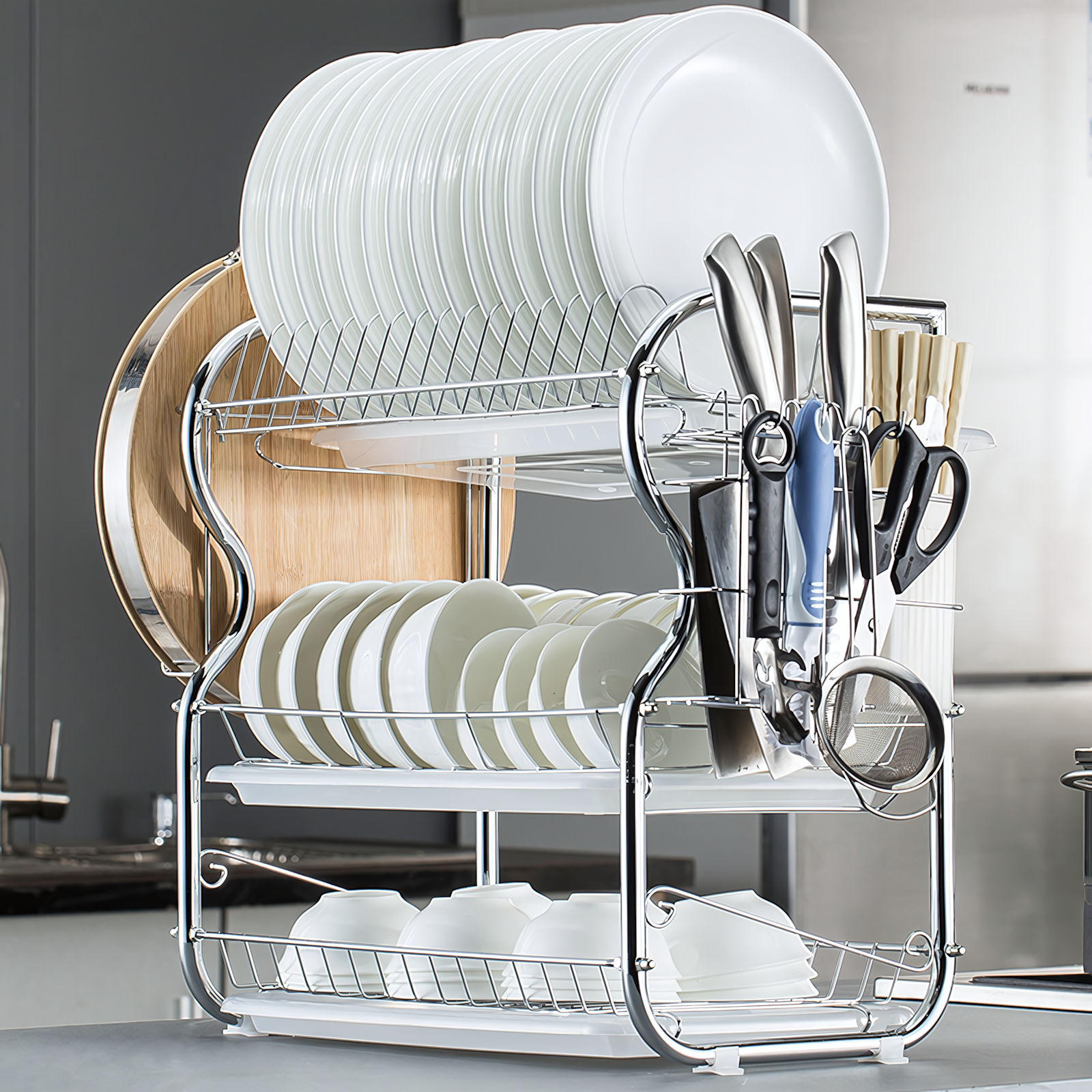 Сушилка для посуды, трехъярусная, фигурная, с подставкой для разделочной доски, белая