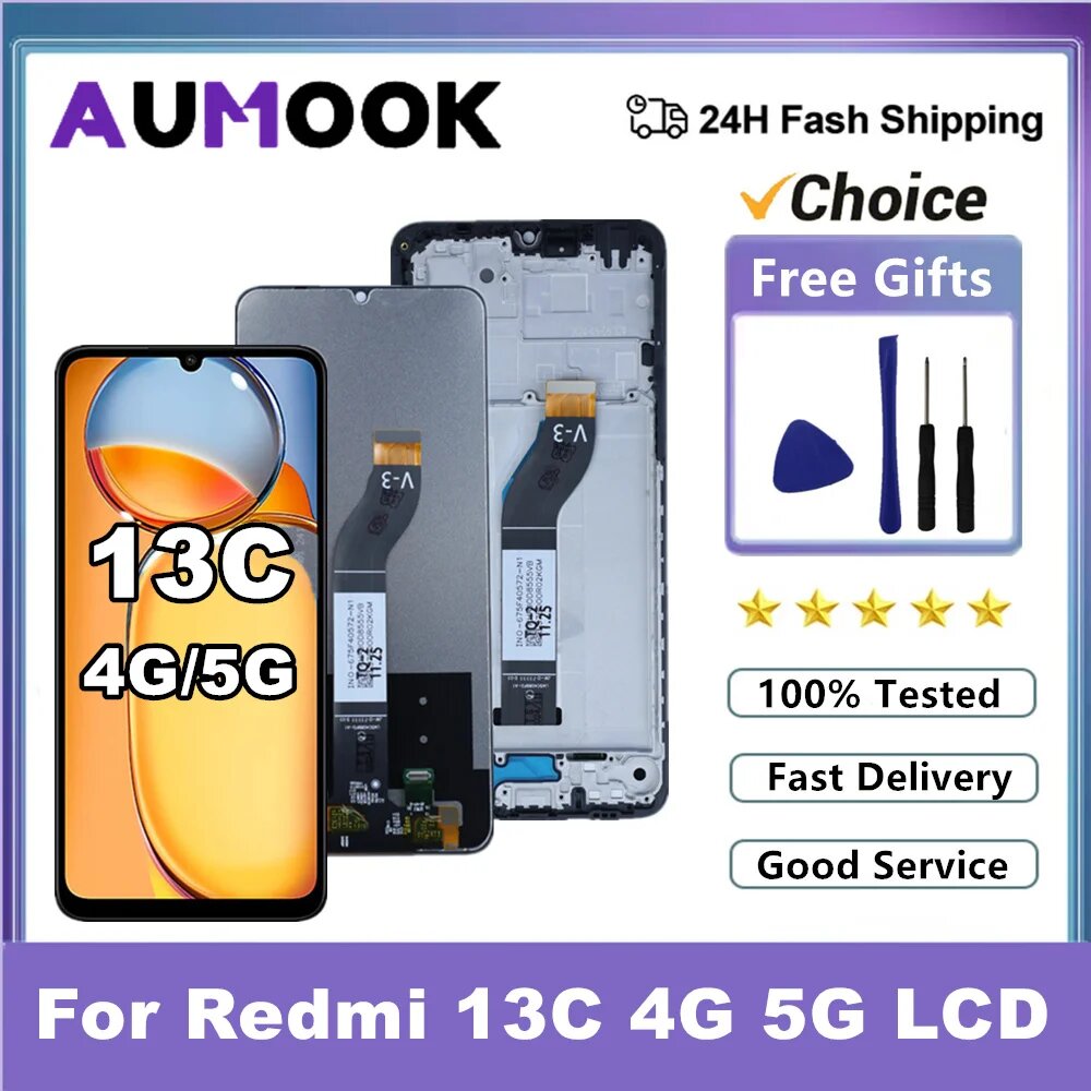 6,74 'экран 13C для Xiaomi Redmi 13C 4G 5G ЖК-дисплей 23100RN82L, сенсорный экран в Black No Frame