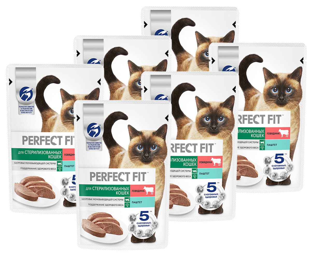 Влажный корм Perfect Fit для взрослых кастрированных котов и стерилизованных кошек паштет с говядиной пауч, 75 г 6 шт