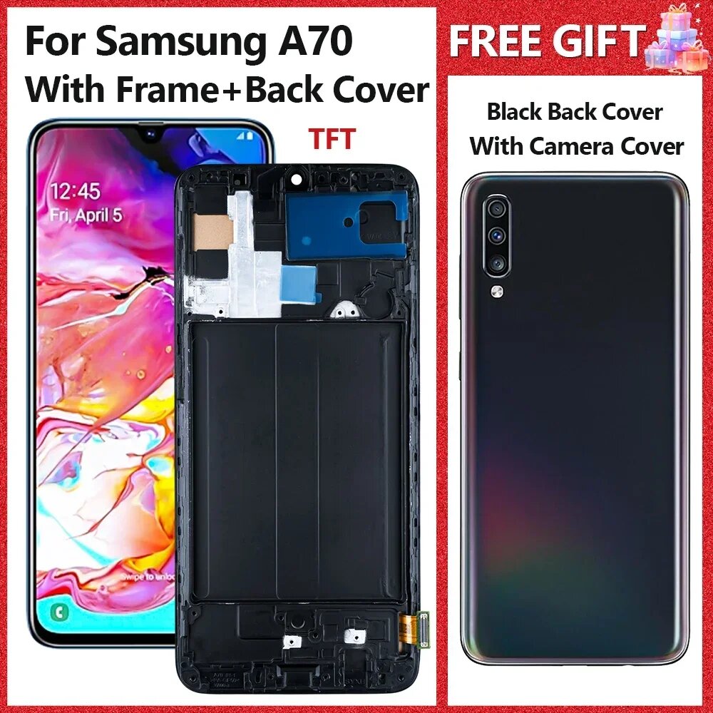 Дисплей Samsung A70 с рамкой и задней крышкой, TFT Black Kit