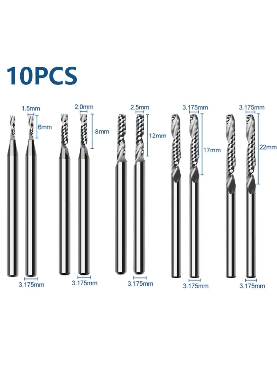 Набор фреза спиральная однозаходная 3,175х38мм, 10 шт.