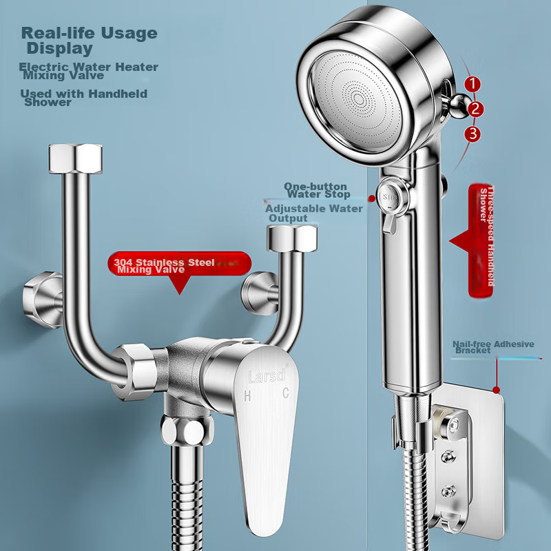 Laishidan Electric Water Heater Mixing Valve Set, 304 Stainless Steel Shower Head Switch, U-Shaped Valve, Surface-Mounted Shower Faucet, LD5223T