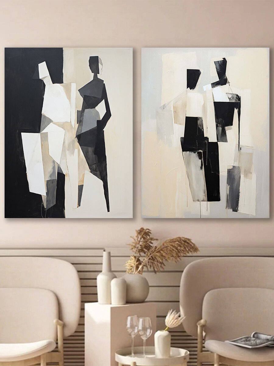 Модульные картины на стену / диптих - "Силуэты людей, абстракция, пара девушка и мужчина", картина 2 шт, модуль 40х60 см