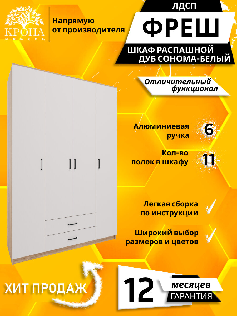 Шкаф для одежды распашной прямой Фреш-4-2, Дуб сонома/Белый, ящик, 2000x2400x500 мм