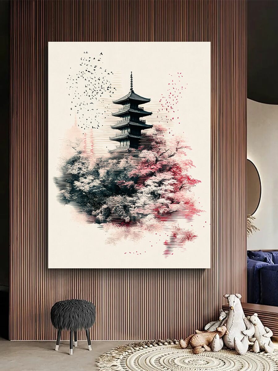 Картина на стену - "Пейзаж в японском стиле / гора Фудзи и сакура" , 50х70 см.