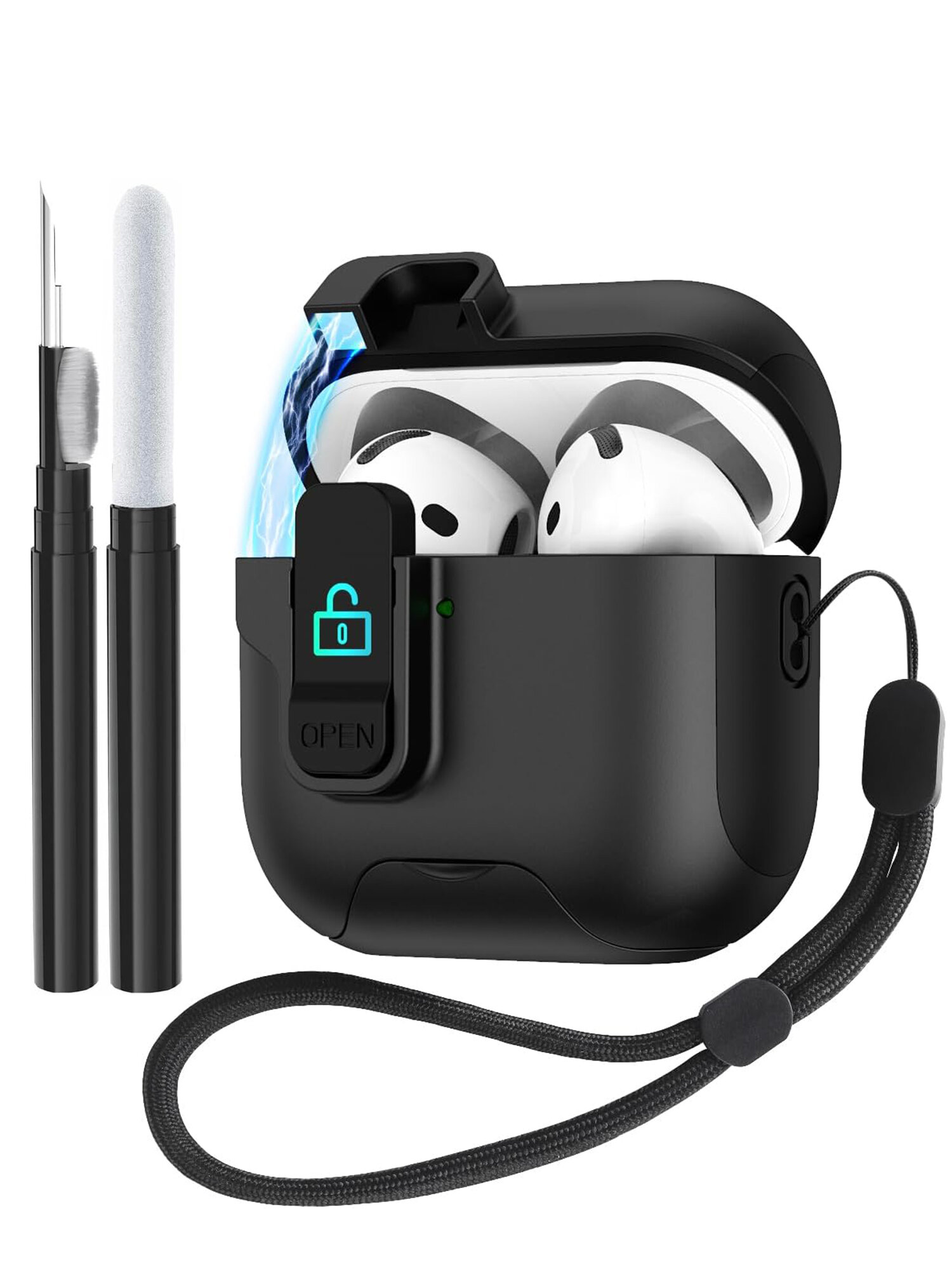 Чехол для наушников AirPods 4 (2024) пластиковый с замком и шнурком + черная щетка, черный