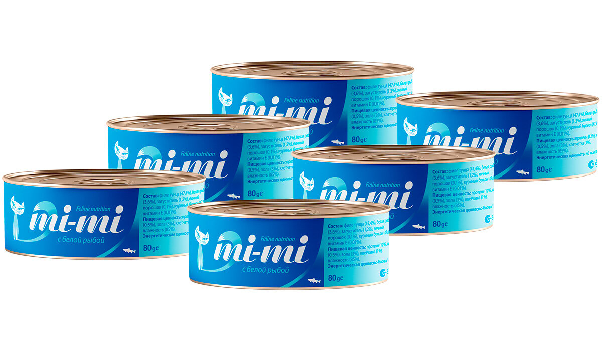 Влажный корм MI-MI для кошек с белой рыбой в желе банка, 80 гр х 6 шт