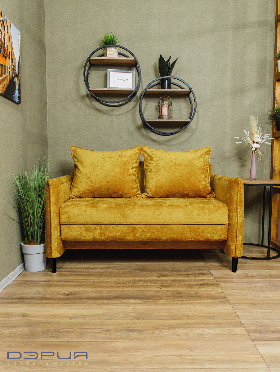 Раскладной диван кровать прямой еврокнижка, велюр горчичный желтый, размер 144х85х82 с мягким подлокотником