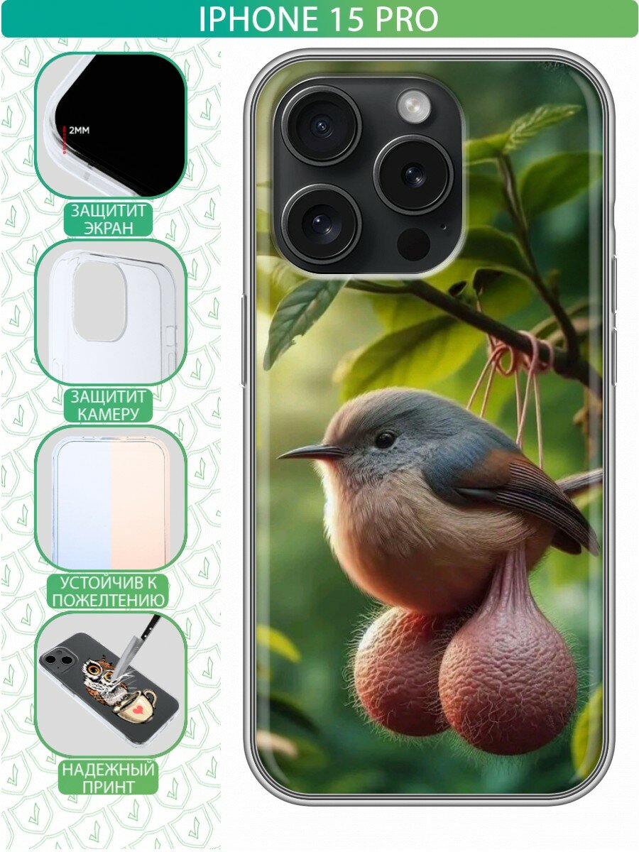 Чехол для Iphone 15 Pro с принтом смешная птица с яйцами (Айфон 15 Про)