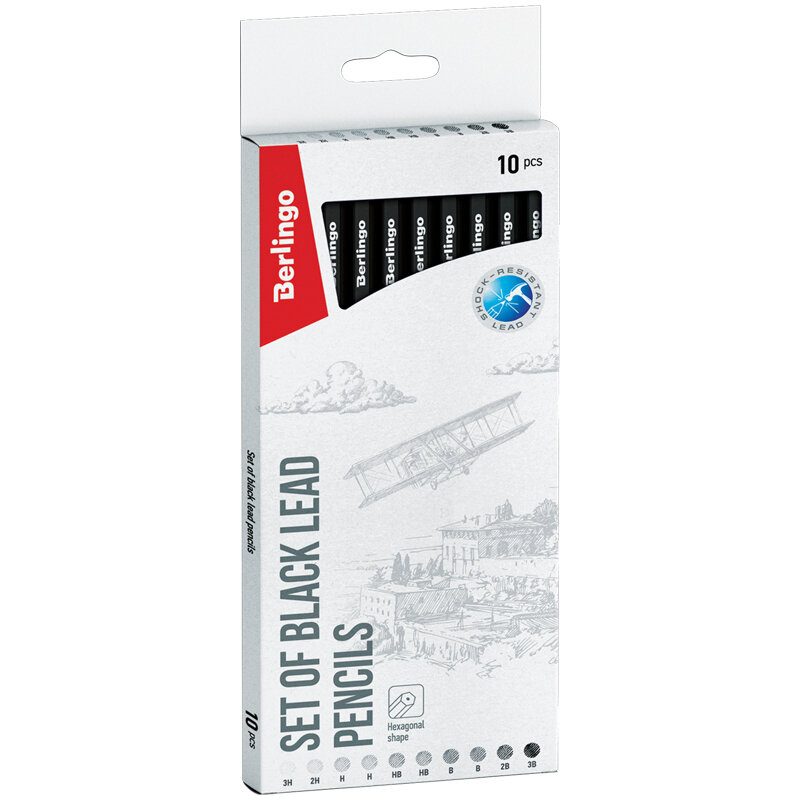 4 шт. Набор карандашей ч/г Berlingo 10шт, 3H-3B, заточен, картон. упаковка, европодвес