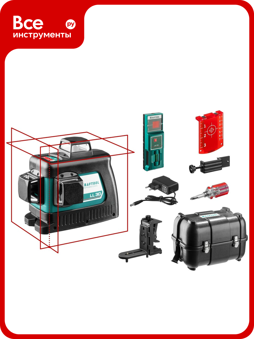 Лазерный нивелир KRAFTOOL LL-3D-4 360 градусов, 20м, 70м, детектор 34640-4, трехмерной разметки как