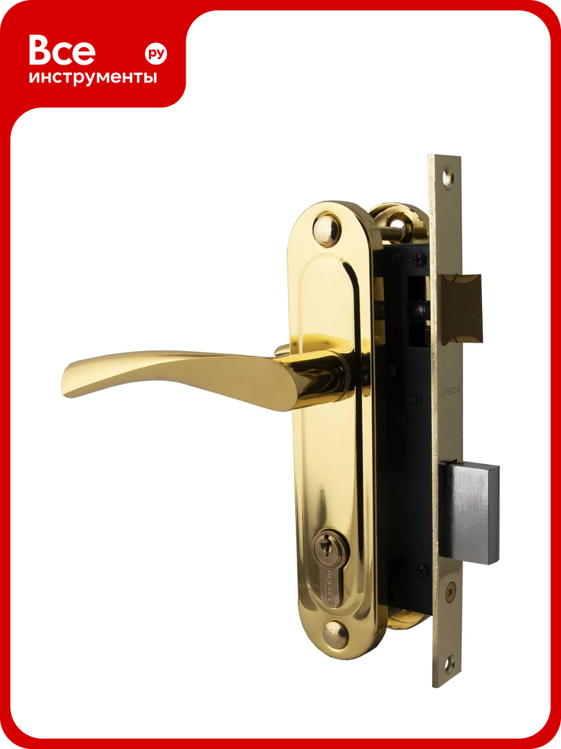 Врезной замок APECS 1223/60-G 15577 с лицевой планкой, цилиндровый механизм, золотая планка, ручки и пять ключей