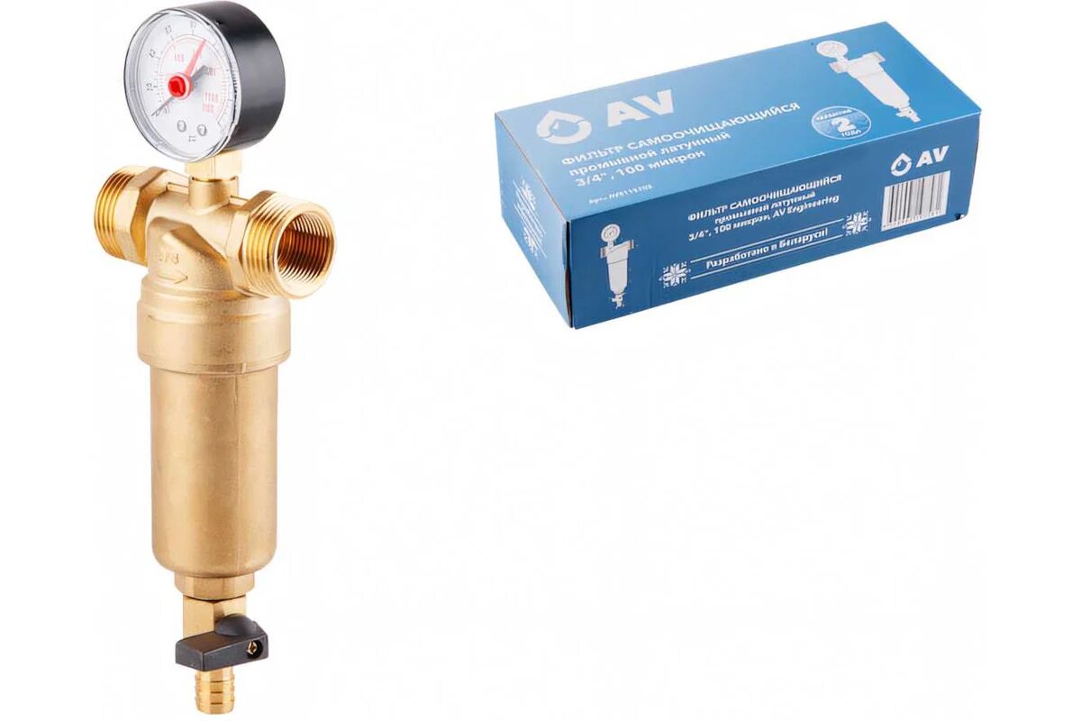 AV Engineering Фильтр магистральный самопромывной 3/4 дюйма 100 мкм с манометром AVE115702