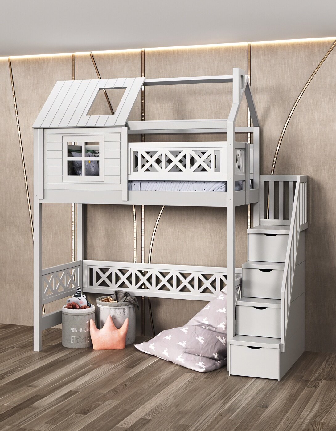 Кровать-чердак Домик Прованс, спальное место 90х200, цвет беленый дуб.