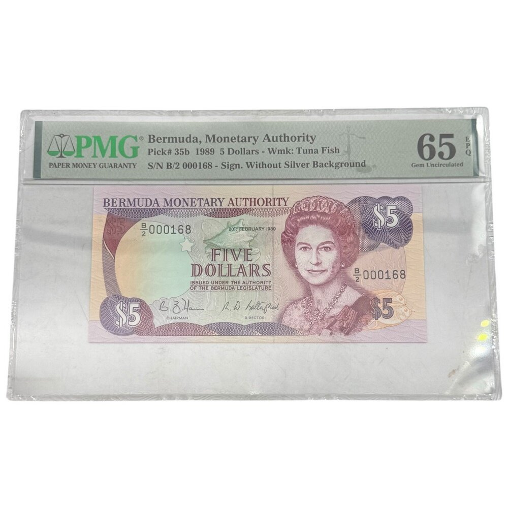 Бермудские острова (Бермуды) 5 долларов 1989 г. (Серия B-2) (Слаб PMG 65 EPQ)