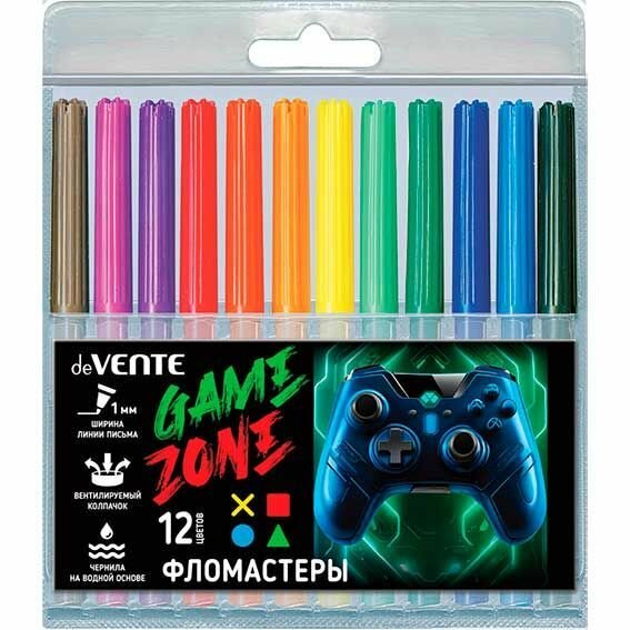 Фломастеры deVENTE "Gamer", 12 цветов, вентилируемый колпачок, блистер