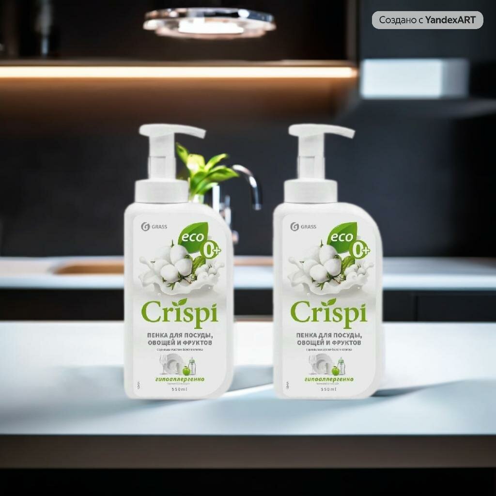 Пенка для мытья посуды Grass Crispi, с маслами белого хлопка, 550 мл, 2 шт