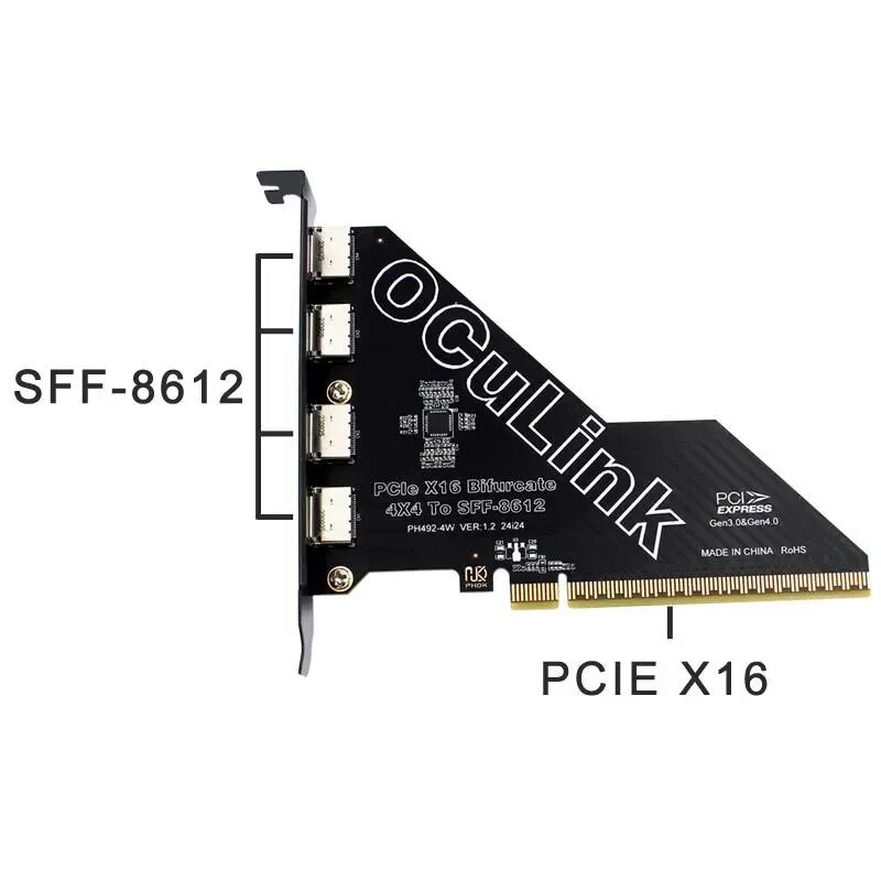 OCulink SFF-8612 Сплит-бифуркационная карта Внешнее устройство OCulink PCI Express GEN4 64 ГБ PCIE 4,0 X16–4 порта для SFF-8639 U.2 SSD