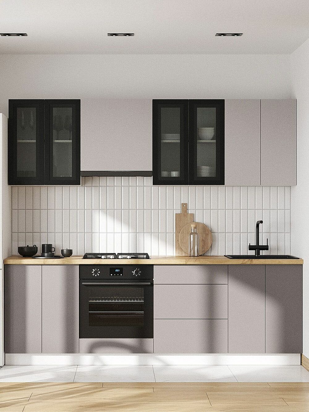 Кухонный гарнитур Тандем 2.4 м, мебель для дома и кухни, Белый / Черный матовый / Грей