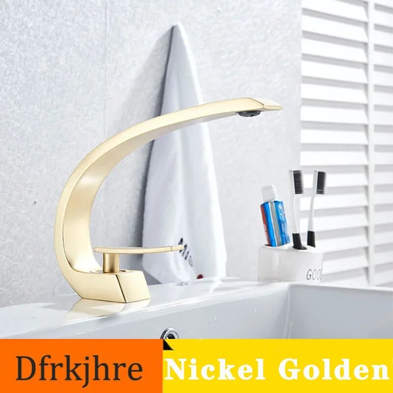 Смеситель для раковины, латунный хромированный смеситель, щетка, никель, одна ручка, настенный смеситель для раковины, туалетный столик, смесители для ванной комнаты с горячей и холодной водой, Nickel Golden
