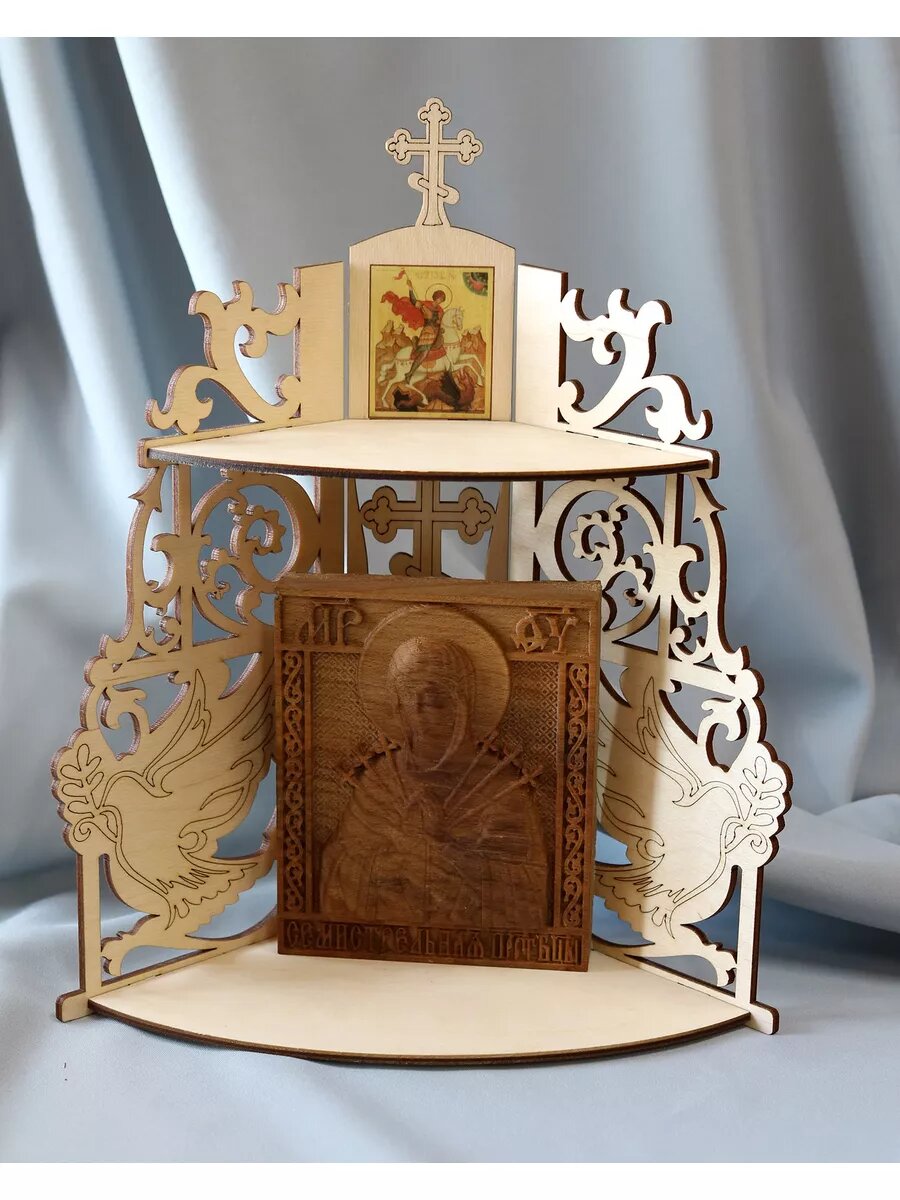 Иконостас угловой с иконой Георгия Победоносца, иконница настольная, полка под иконы, киот настенный