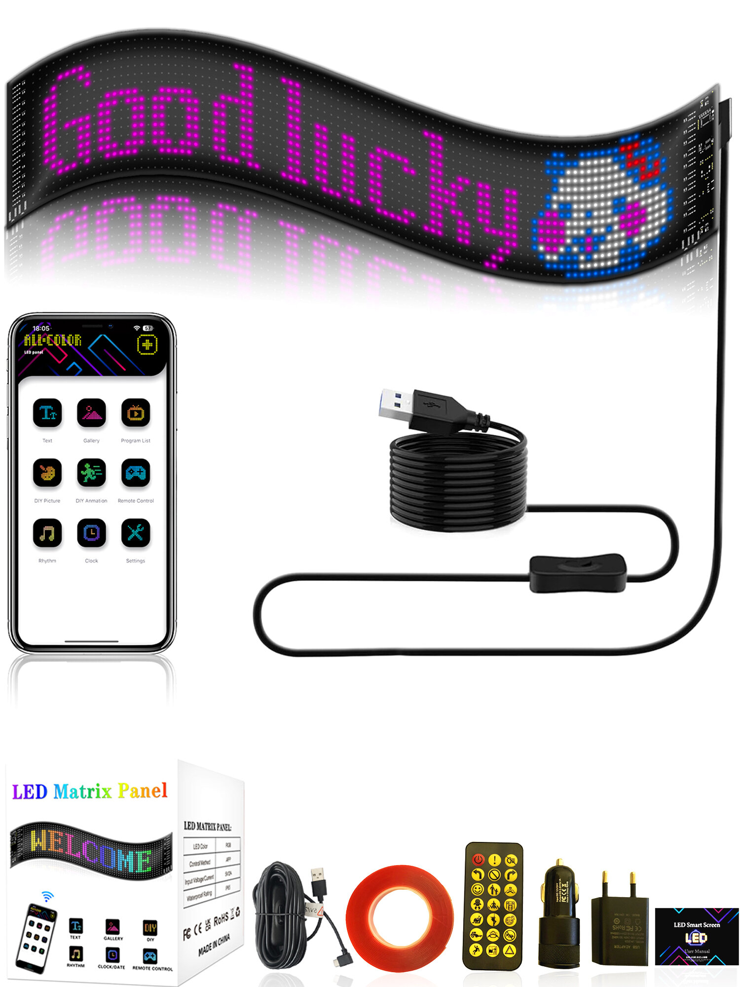 Рекламные щиты со светодиодным гибким экраном 120*595mm, используемые для вечеринок, автомобильной , акций в магазинах, дистанционного управления/мобильного телефона iOS/Android Bluetooth дистанционного