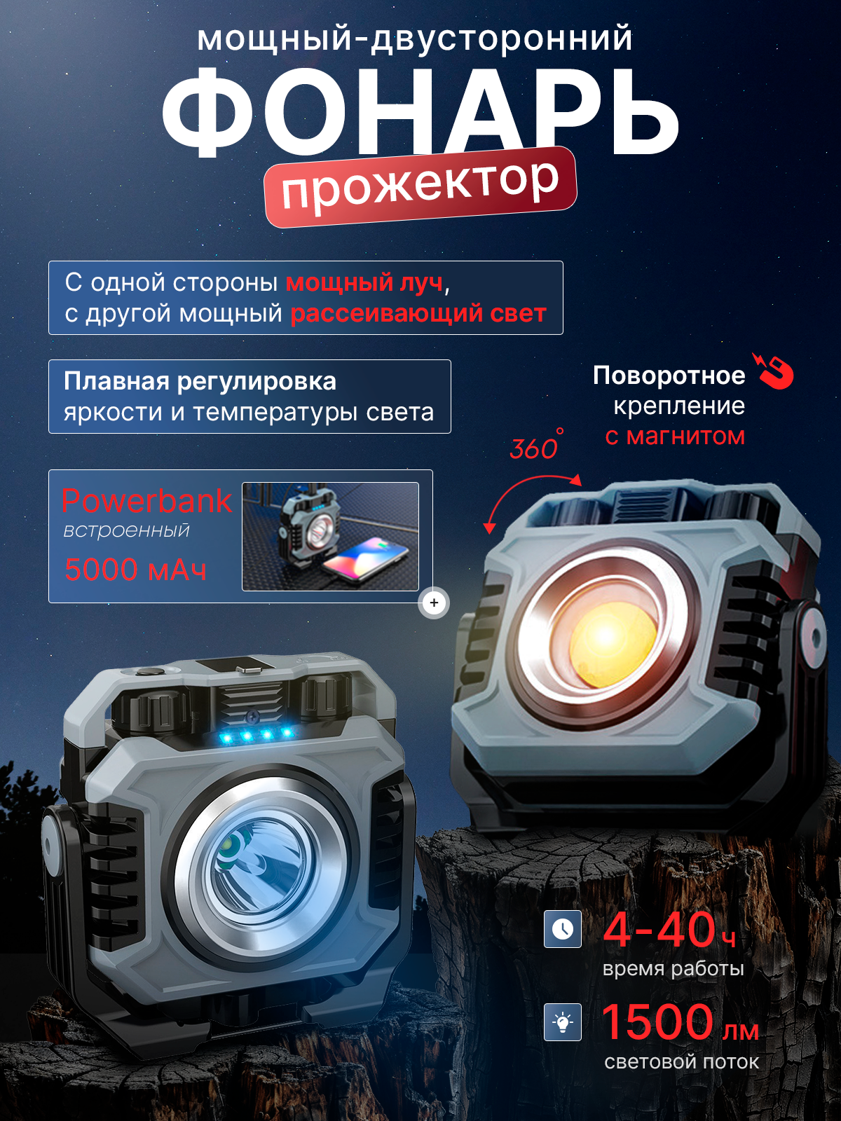 Прожектор К786, аккумуляторный, светодиодный, 1500 лм, IP44, цвет серый/черно-серый