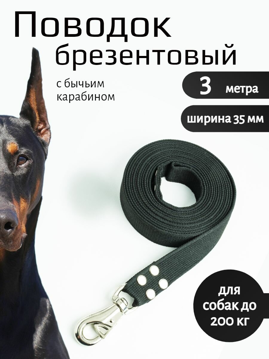 Поводок Хвостатыч для собак с бычьим карабином брезент 3 м х 35 мм (черный)