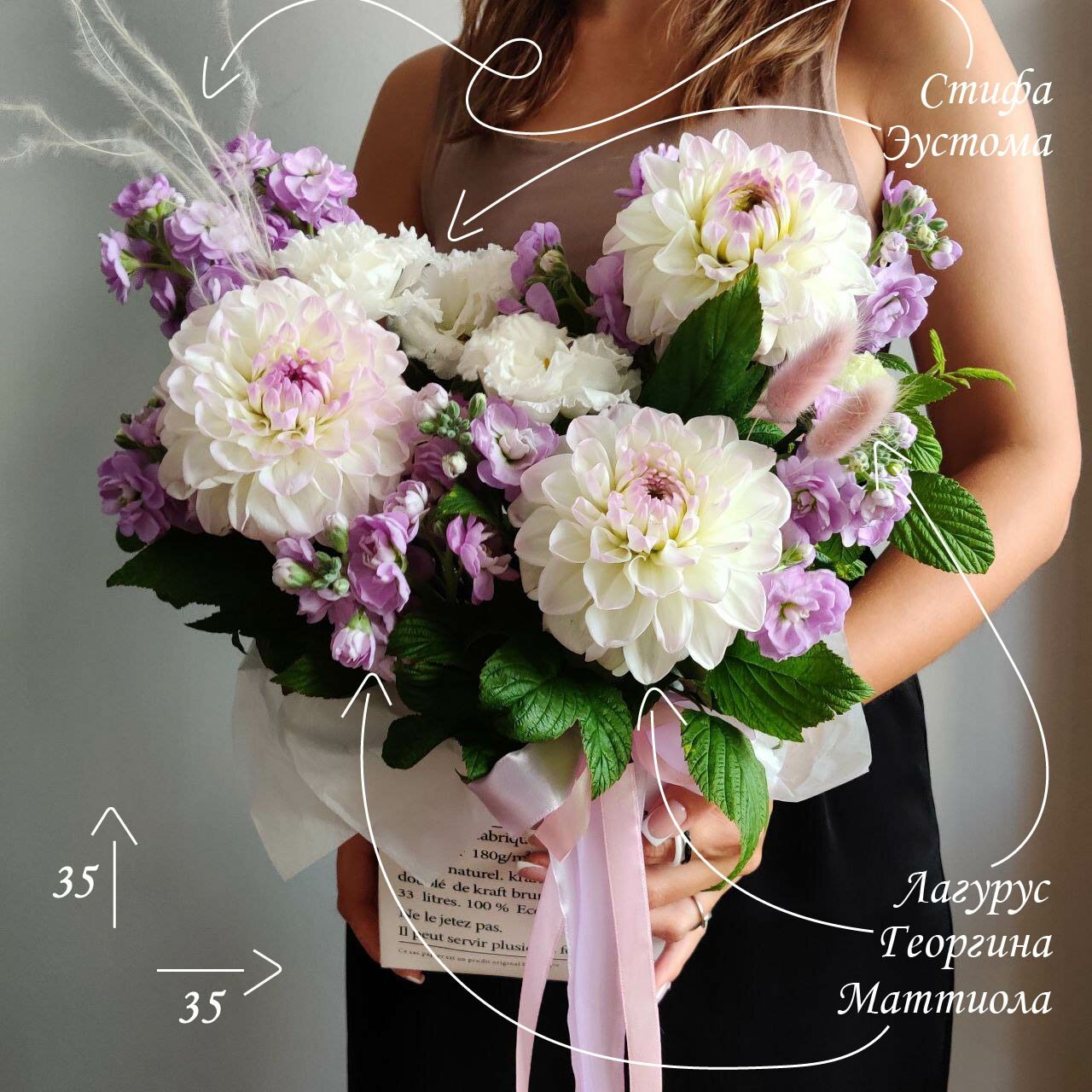 Композиция: георгины, кустовая маттиола и белая эустома с декортивными элементами