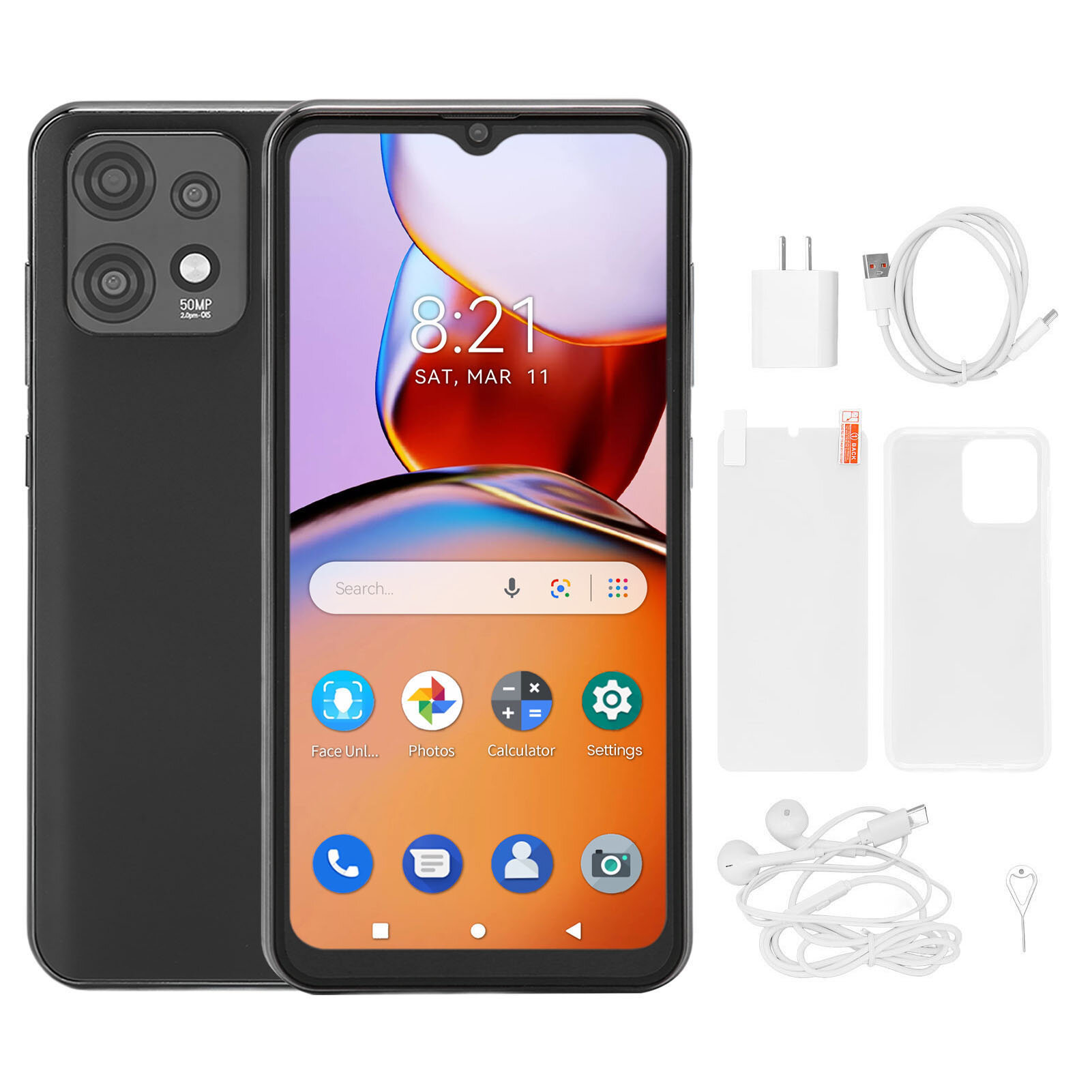 6,53-дюймовый разблокированный HD-смартфон Android 12, 5G Wi-Fi, 8 ГБ ОЗУ, 128 ГБ ПЗУ, Face ID, черный мобильный телефон 4G