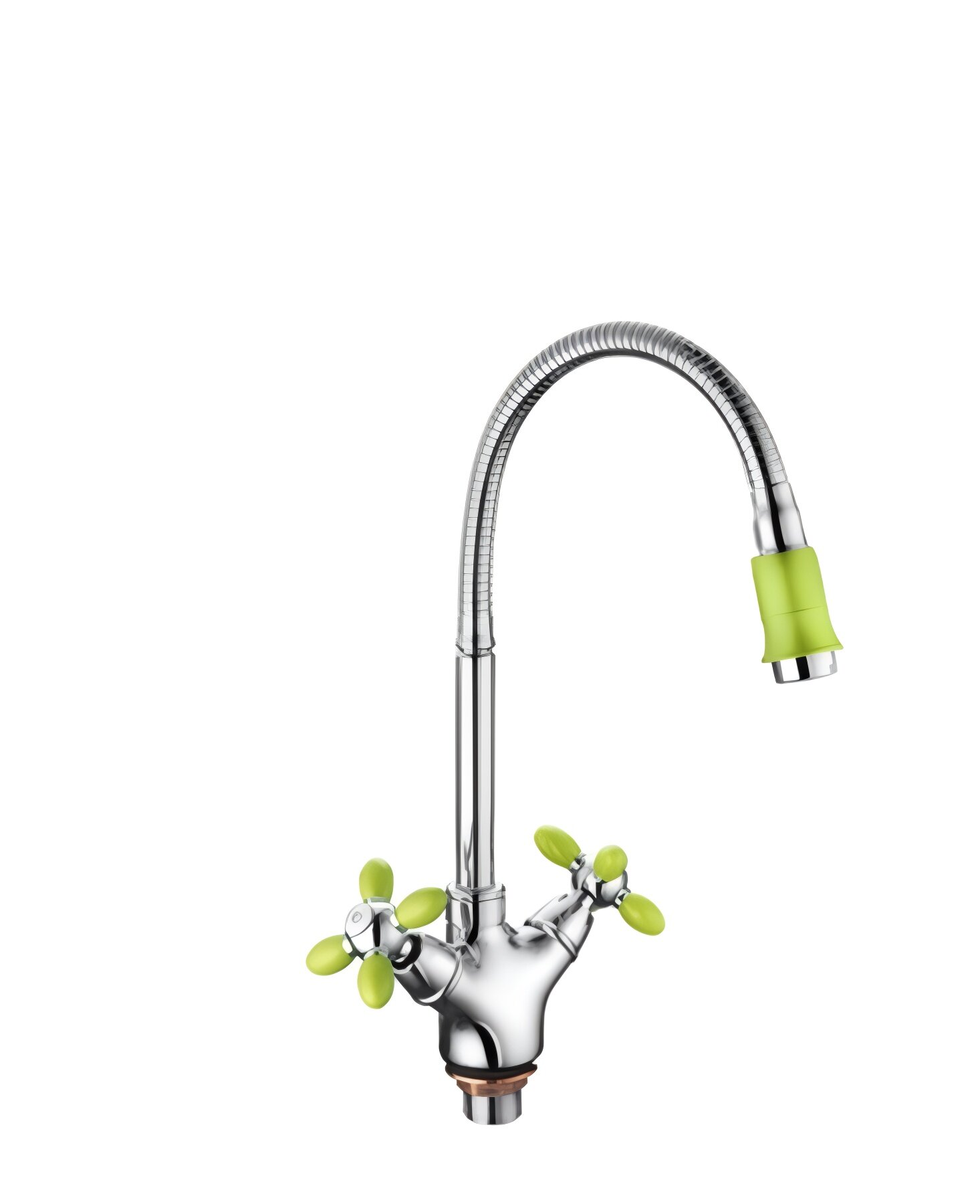 Смеситель Accoona AC5/AC8`, кухонный, на гайке, крест, гибкий излив, силумин, зеленый, хром