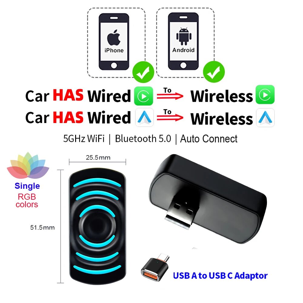 EKIY 2in1 RGB Wireless CarPlay Dongle Mini A2A Box Беспроводной адаптер Android Auto для автомобиля имеет проводный CarPlay или Android Auto, EC22Pro, Ship within 24hours