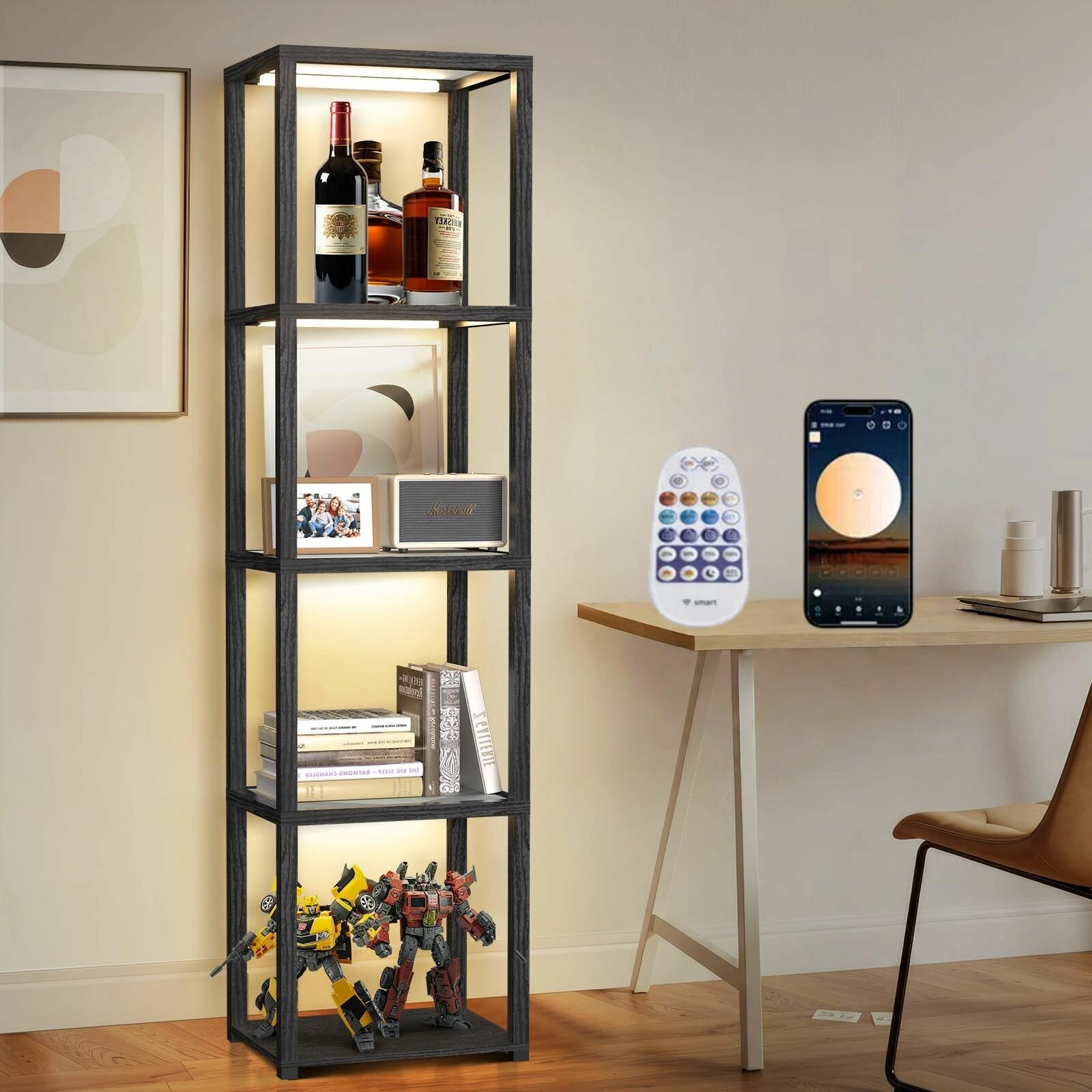 Стеклянная витрина с регулируемой LED-подсветкой, 5-уровневая полка для коллекций с пультом и управлением через приложение, для гостиной, спальни, офиса