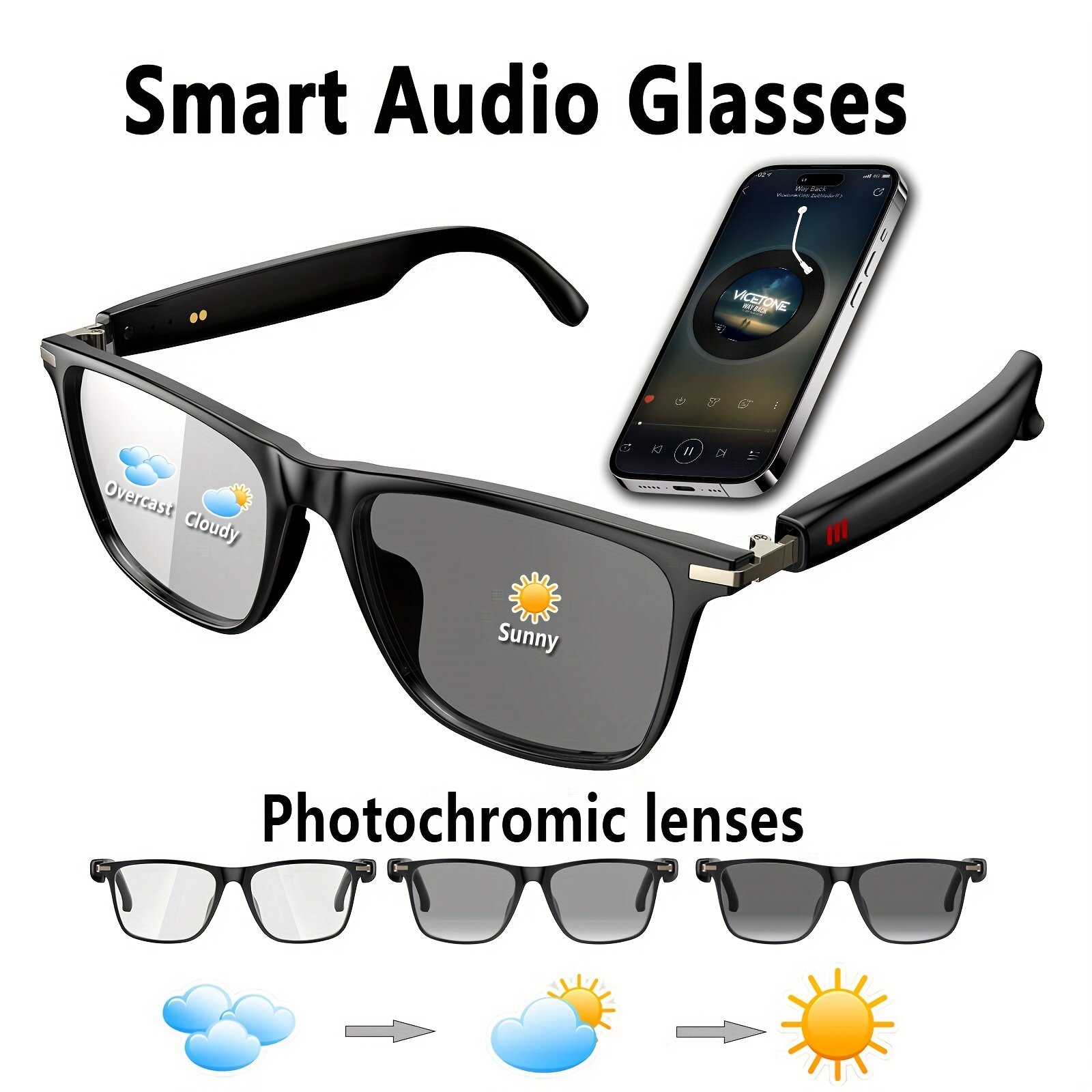 Смарт-очки с фотохромными линзами: смена цвета за 3с, микрофон, динамик, музыка, звонки, сенсор и голосовой помощник