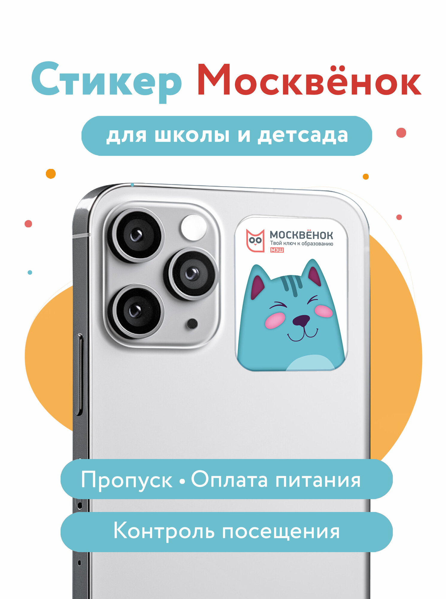 Стикер Москвенок, пропуск карта в школу "Кот", электронная карта школьника